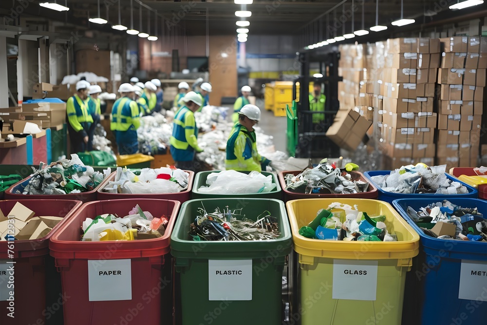Dedicated Team Works Together at a Vibrant Recycling Center, Sorting ...