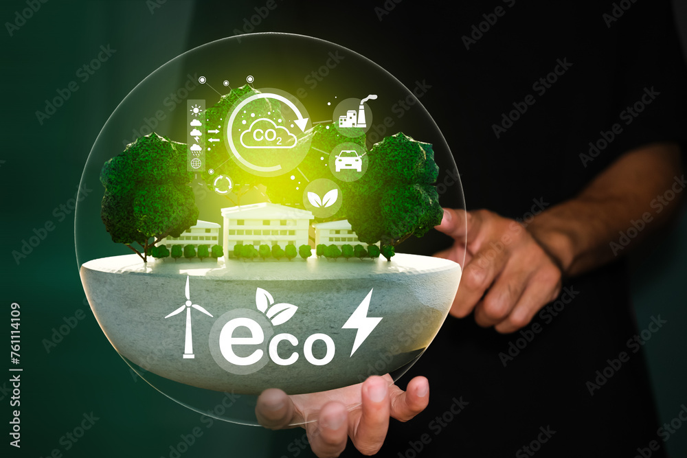 Eco green industry clean emission, ecosystem reduction atmosphere ...
