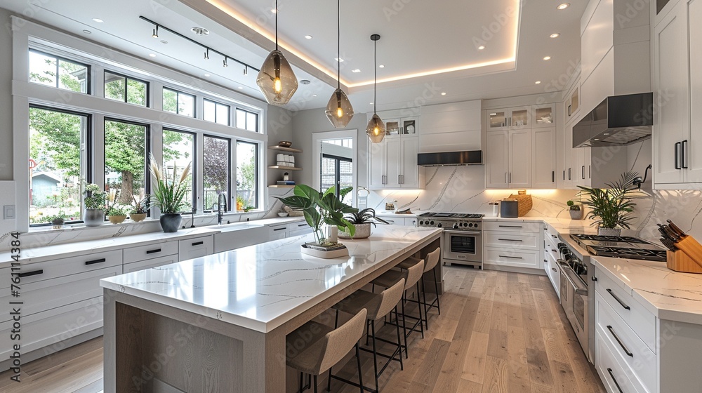 Beneath the soft glow of overhead lighting a kitchen interior exudes ...