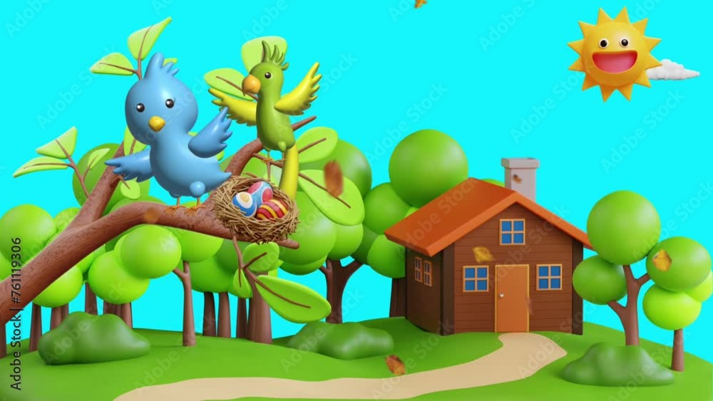 3D Looped cartoon cute bird, tree, sun and little house with Spring ...
