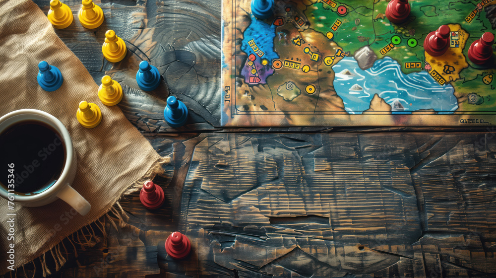 Strategic board game with wooden mascots on the tables, top view ...