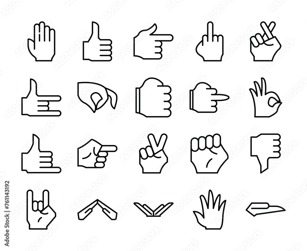 Hand gestures line icon set. Included icons as fingers interaction, pinky swear, forefinger ...