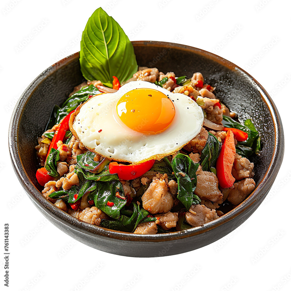 front view of Moo Pad Krapow (Thai basil pork stir-fry) with a fried ...