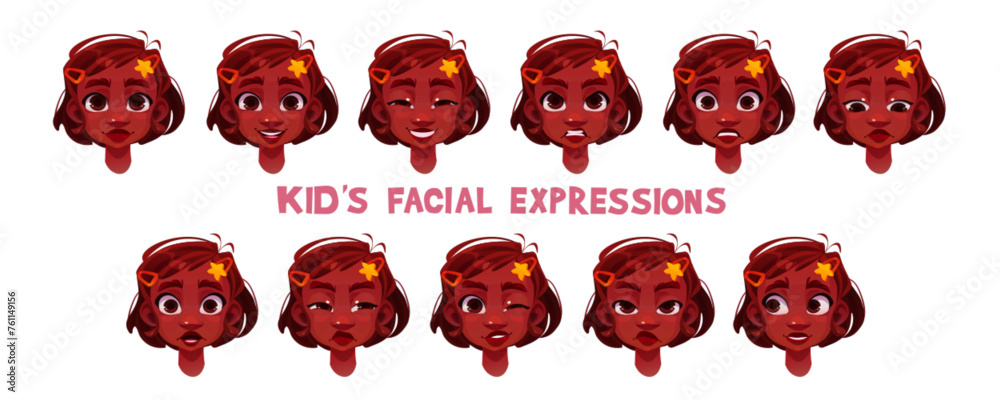 Kid girl face expression kit. Cartoon vector illustration set of ...