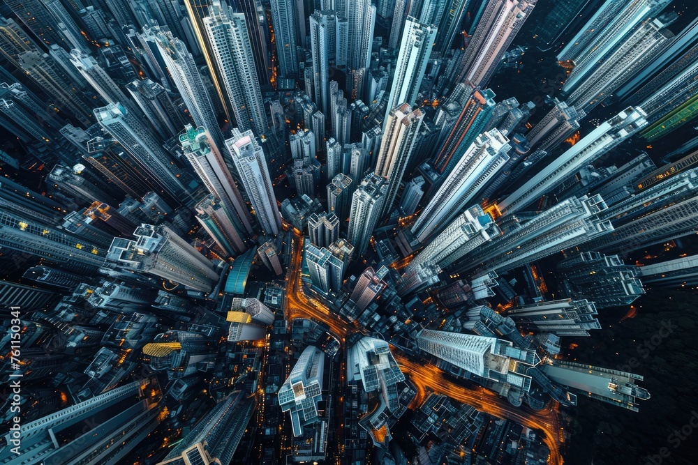 An expansive view of a busy city at night, with brightly lit buildings ...
