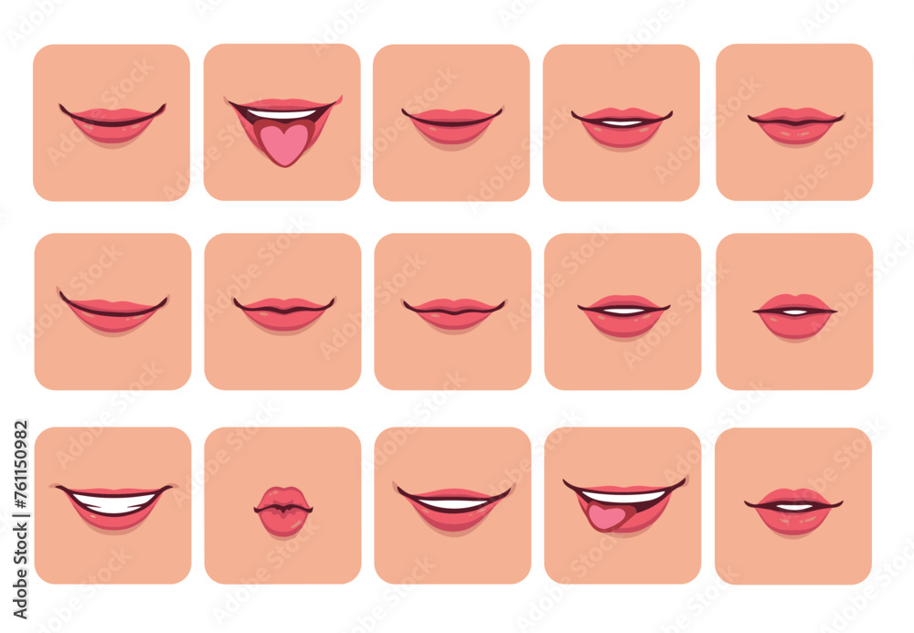 Red lips collection. woman lips expressing different emotions, such as smile, kiss, half-open ...