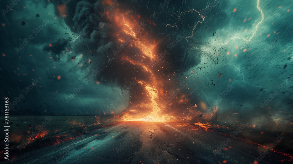 Tornado, storm silhouette heap cloud sun ray in gray sky scape dark ...