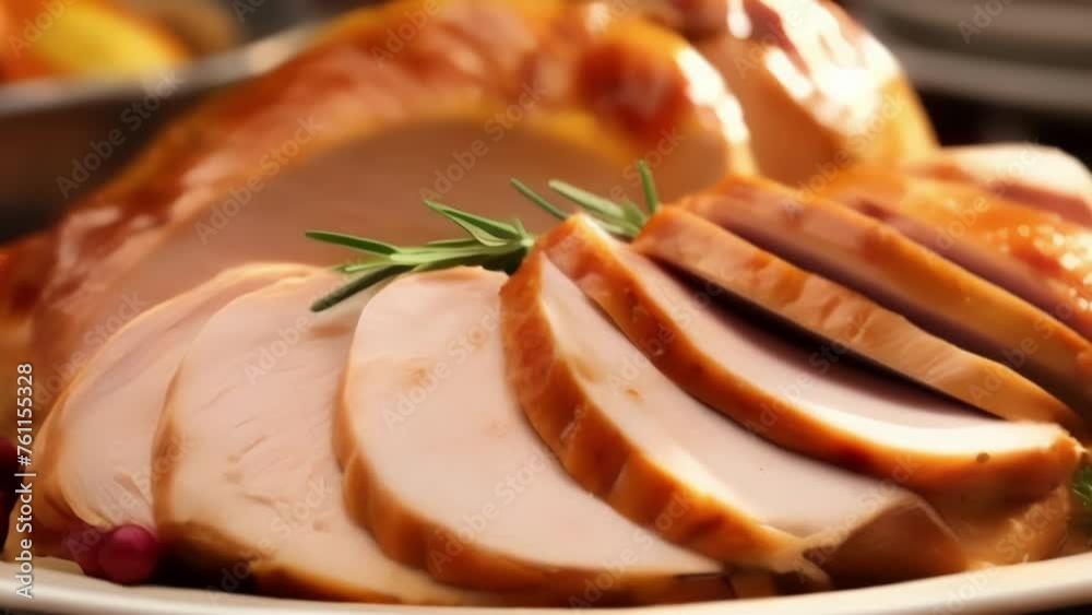 A tempting plate of carved roast turkey, showcasing slices of moist ...