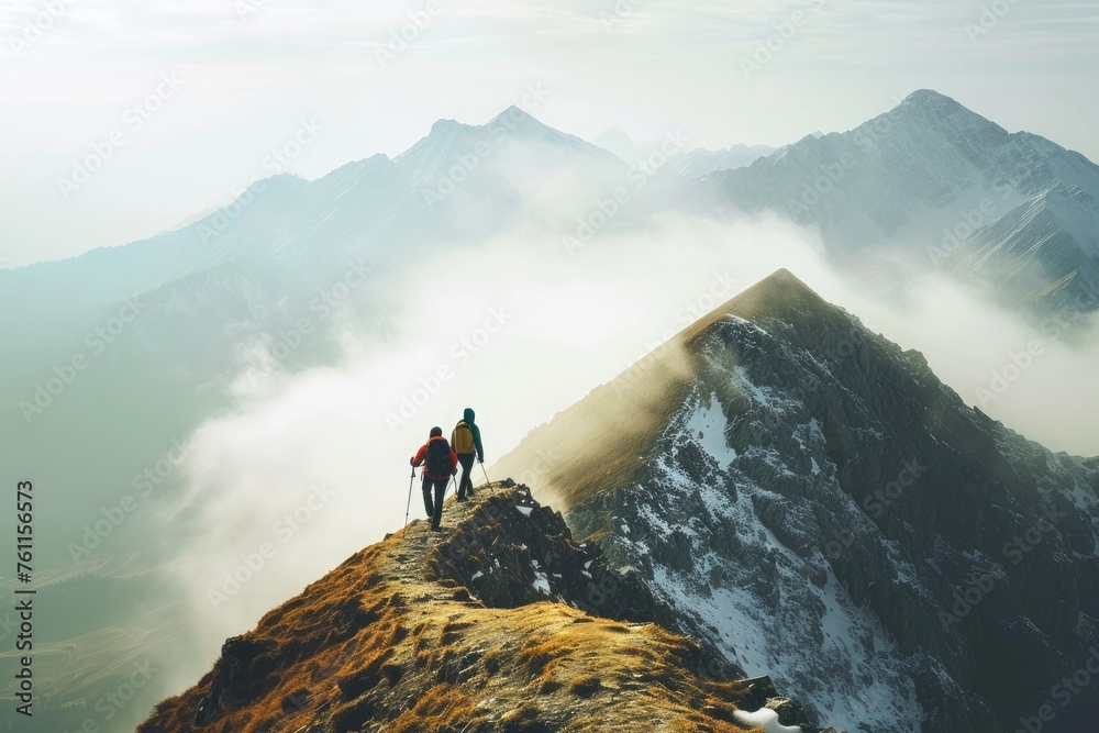 Two climbers triumphantly stand atop the highest peak, Mount Everest ...