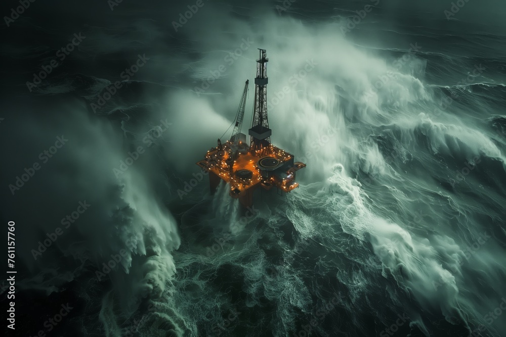 Illuminated Oil Rig Amidst Stormy Seas at Night. Offshore oil rig ...