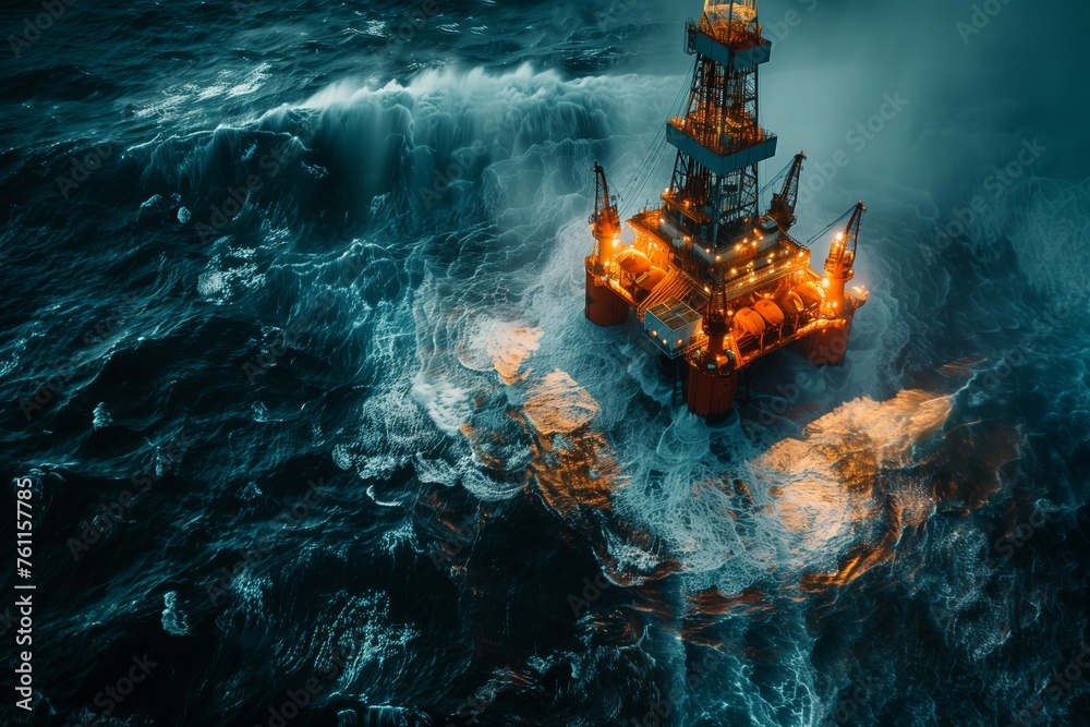 Offshore Oil Rig Amid Powerful Ocean Swells. Offshore oil rig glows ...
