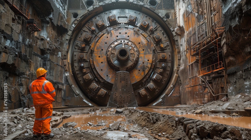 Engineer Overlooking Tunnel Boring Machine Operations. Solitary ...