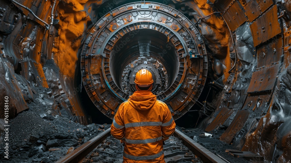 Worker Observing Tunnel Boring Machine from Tracks. Worker in orange ...