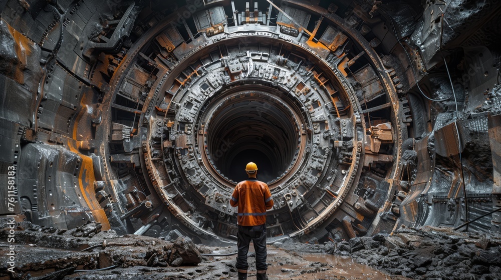 Imposing Tunnel Boring Machine in Underground Setting. Worker gazes at ...