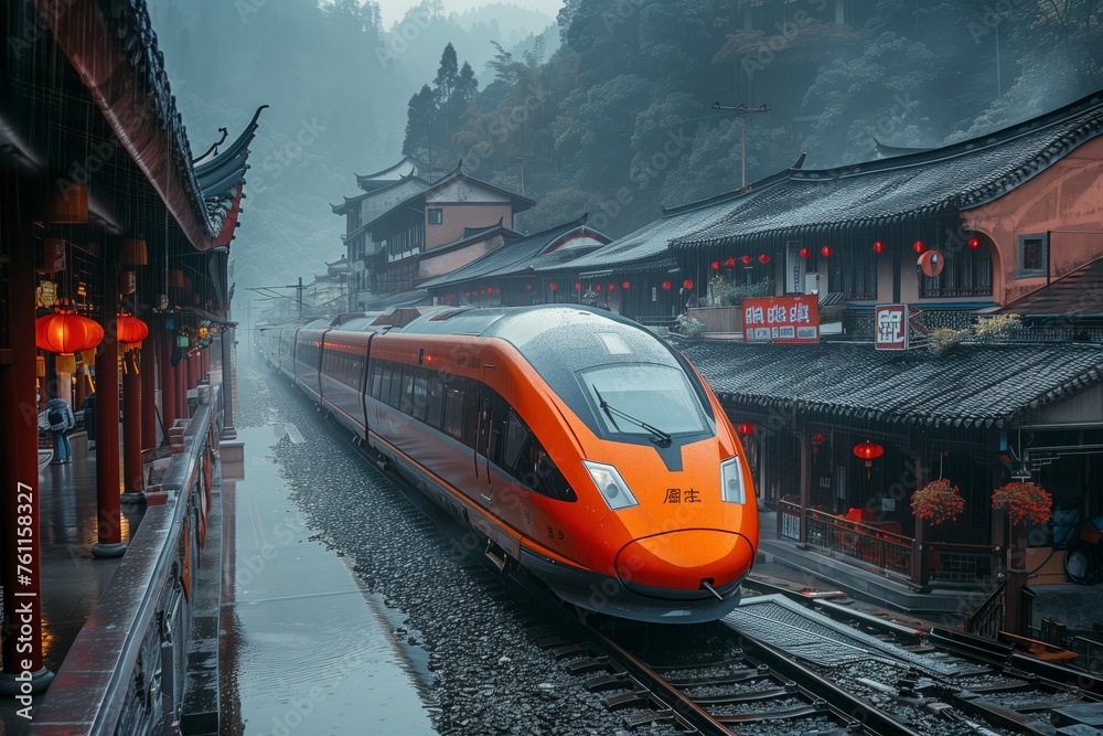 Orange High-Speed Train in Traditional Asian Village. Orange high-speed ...