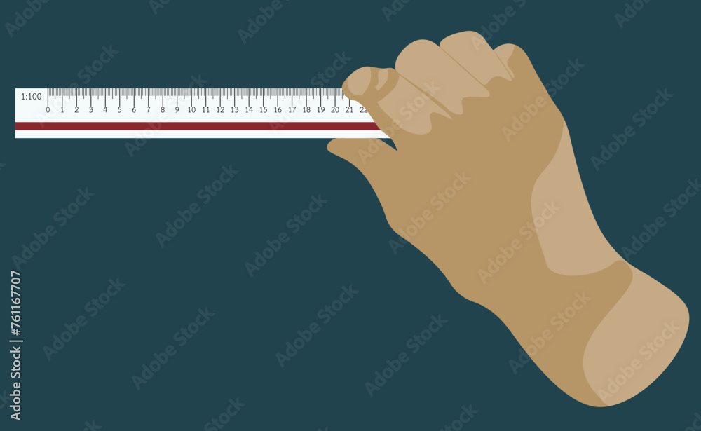 A hand holding a measuring ruler to perform engineering drawings and ...