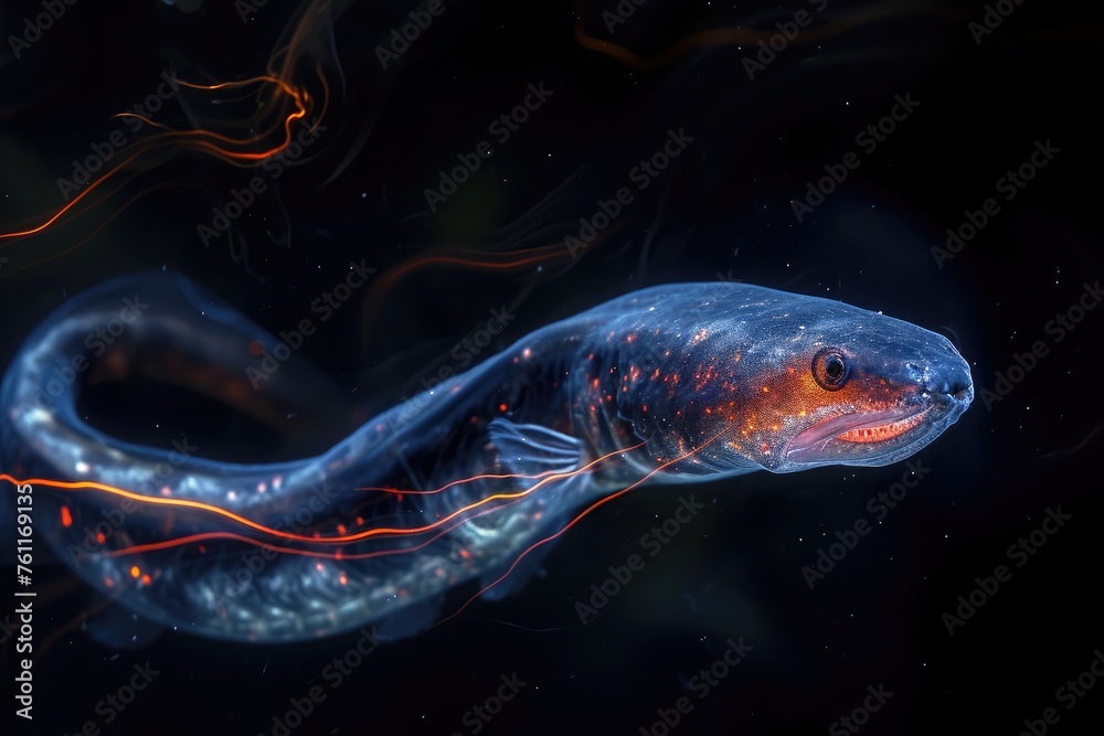 Blue and Orange Fish With Long Tail Swimming in Clear Water, A surreal ...