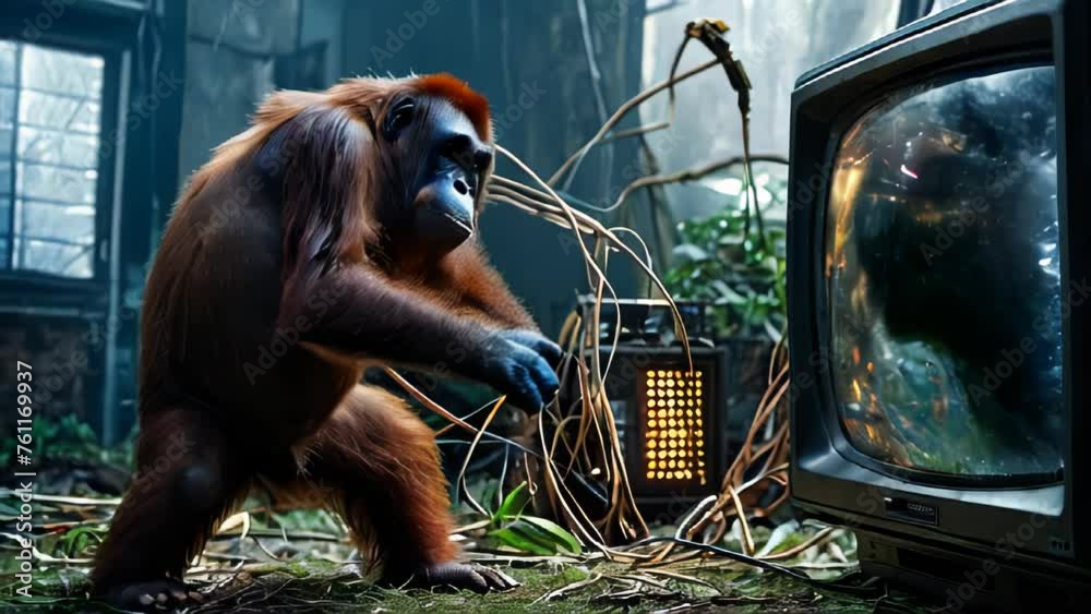 A monkey transfixed by an old CRT television set amidst the jungle. The ...