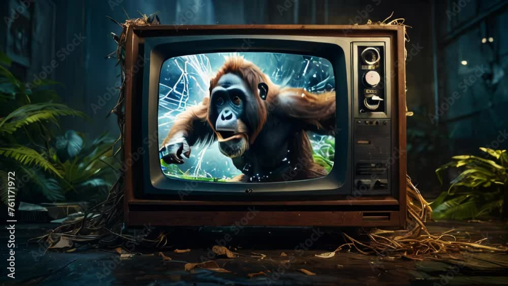 Vidéo Stock A monkey transfixed by an old CRT television set amidst the ...