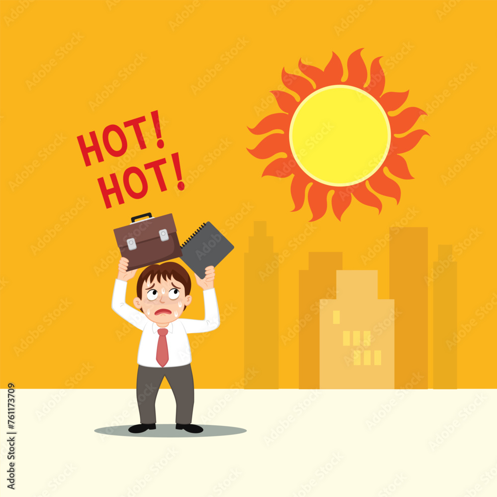 Hand drawn businessman standing under sun on a hot day. Angry sun Stock ...