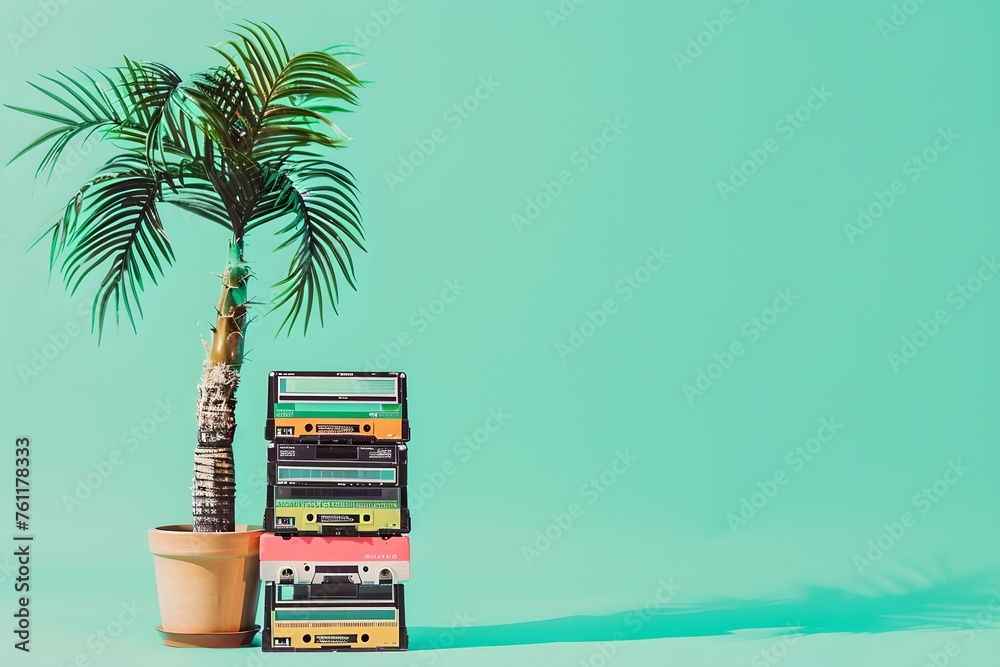 Palm tree with a stack of VHS cassette tapes on teal background. Summer ...