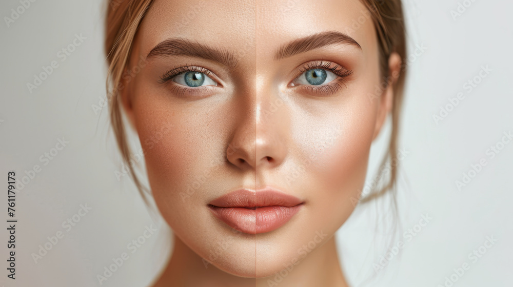 The image depicts a woman's face divided into two halves: one side with ...
