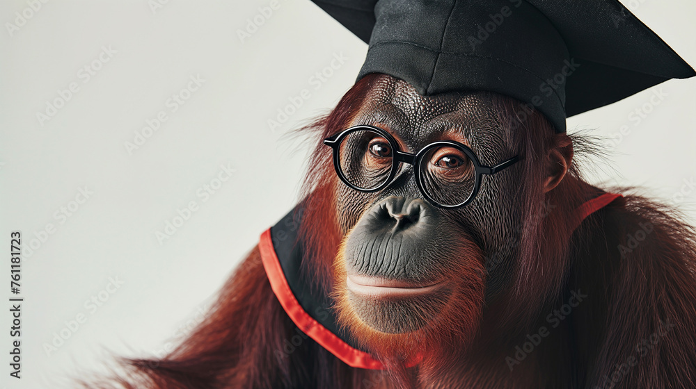 Portrait of orangutan wearing a graduation cap and glasses. Stock ...