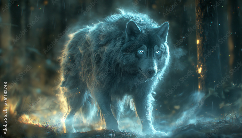 The wandering spirit of the wolf. A translucent and ghostly specter of ...