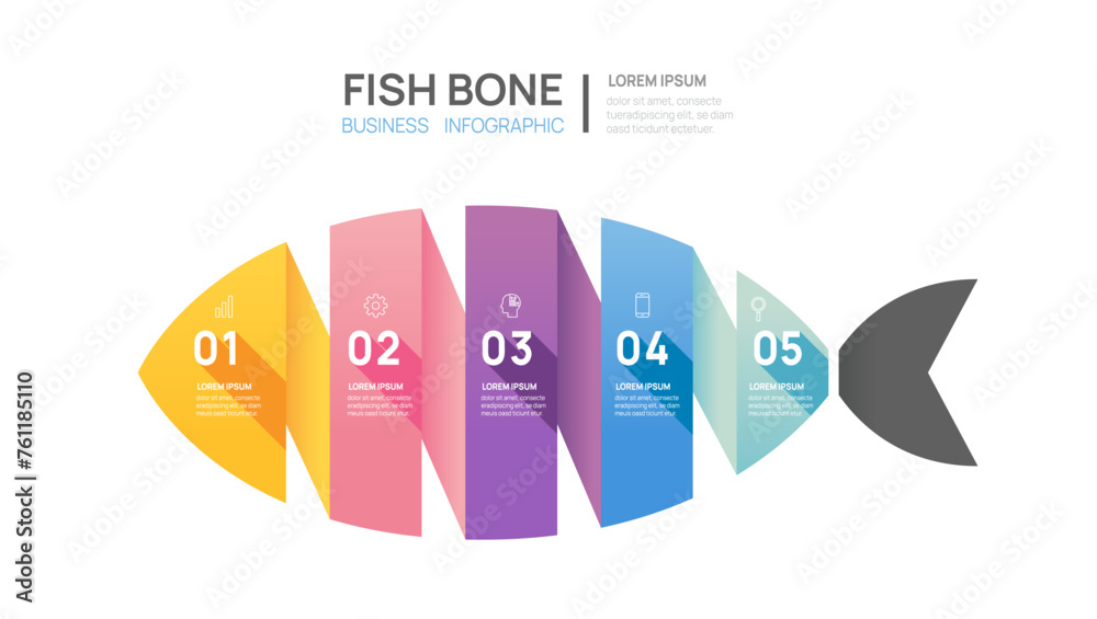 Infographic fish bone diagram template for business. 5 step, digital ...