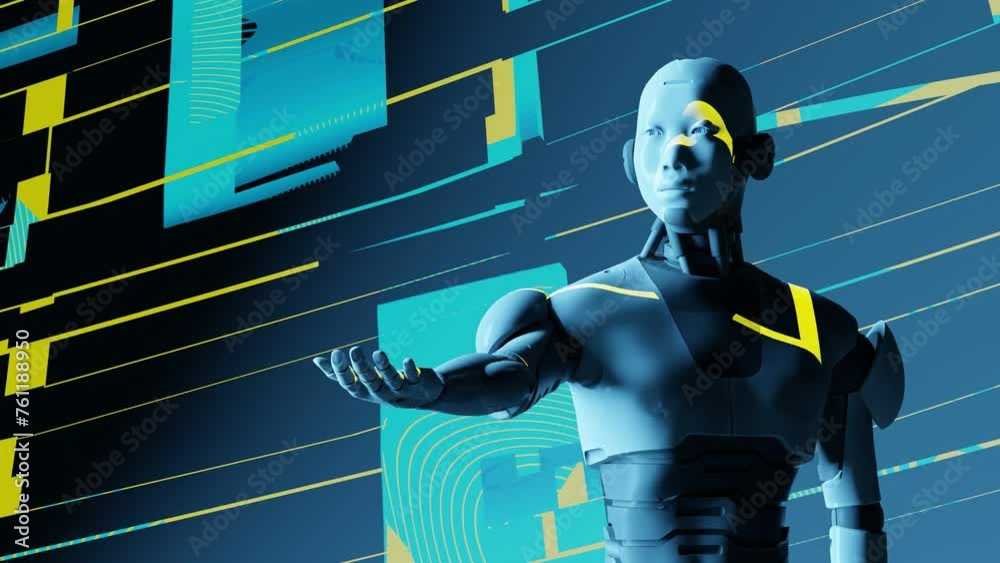 robot humanoid showing its empty hand palm with technology coding ...