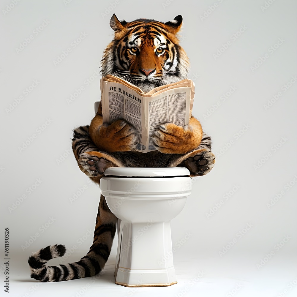 In the toilet room, an educated tiger sits on the toilet and carefully ...