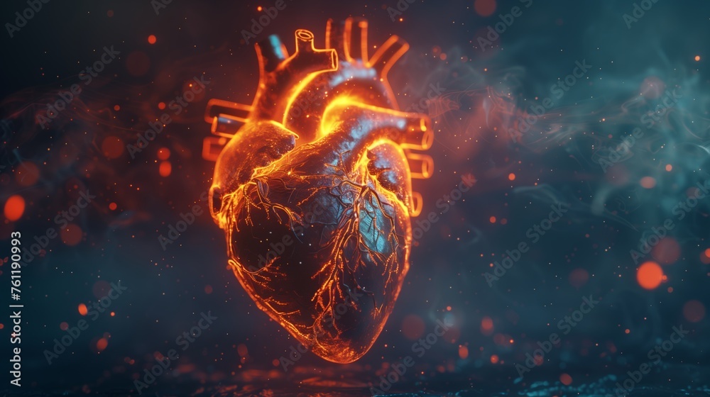 Realistic depiction of a beating heart with electrical impulses ...