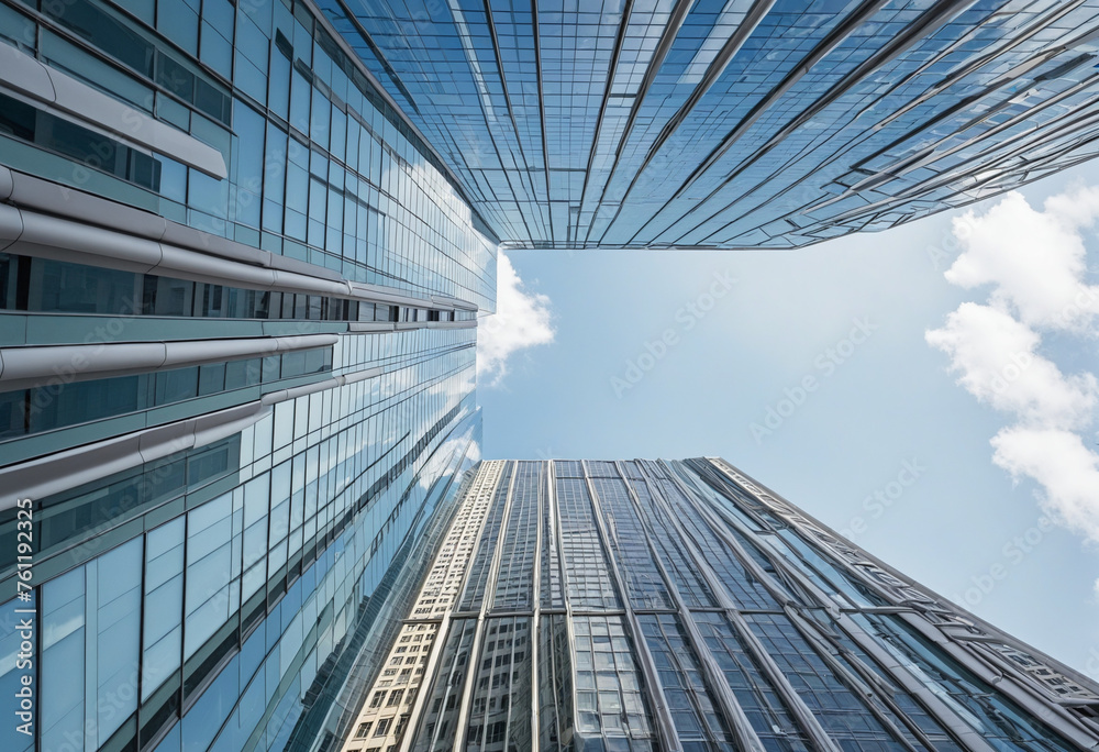 worm eye view perspective of modern design office building with ...