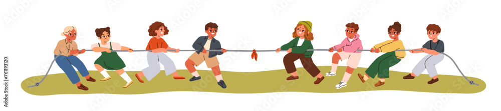 Kids in tug of war game. Childrens teams pulling rope in outdoor ...