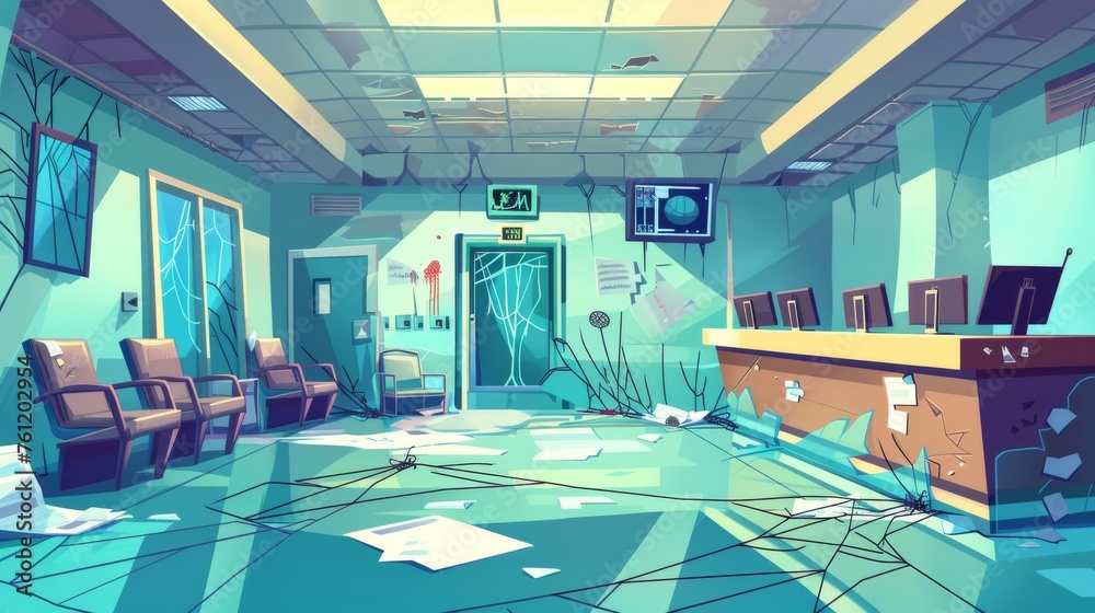 Illustration of a destroyed hospital lobby with broken computers ...