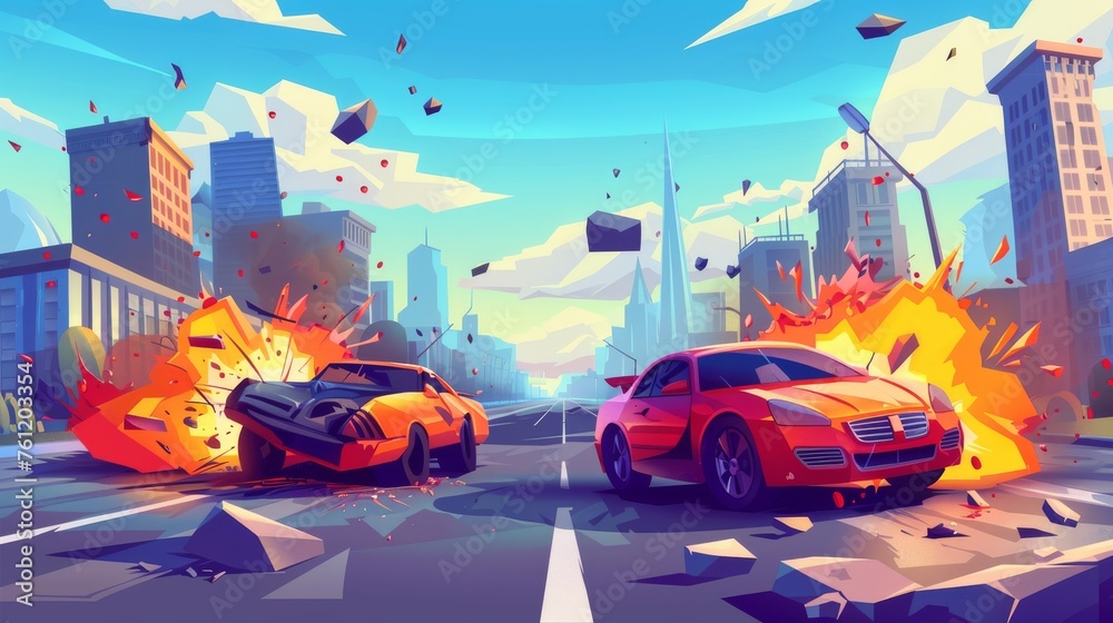 Ilustrace „Cartoon modern of crushed burning vehicles with cracked ...