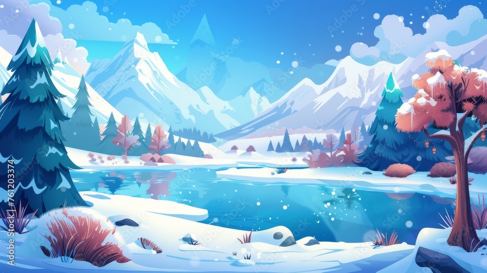 Cartoon winter scene with frozen lake in forest and mountains covered ...