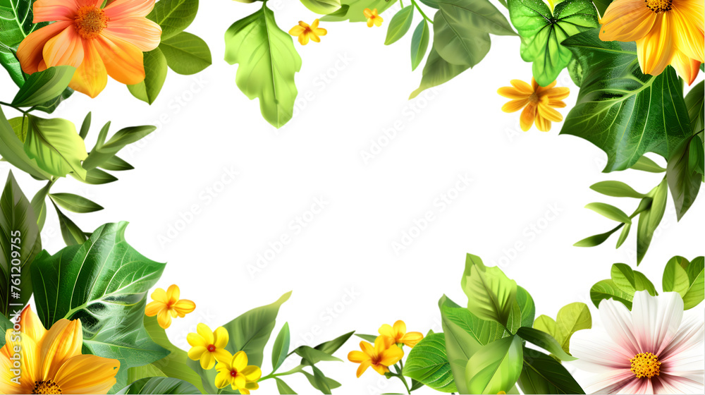 Clean green photo frame with fresh blooming flowers of various colors ...