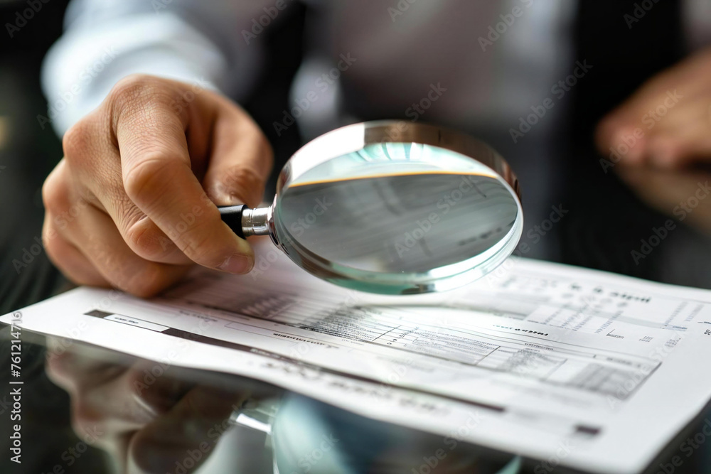 Hand holding magnifying glass examining invoice document paper Stock ...