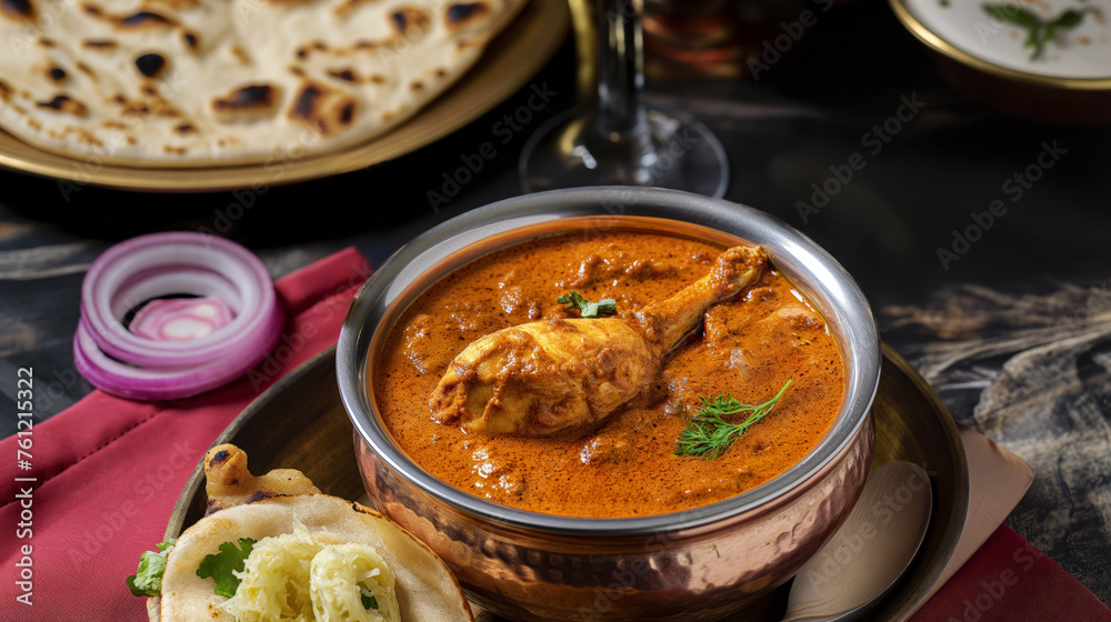 Creamy butter chicken served in a metal bowl with tandoori roti and ...
