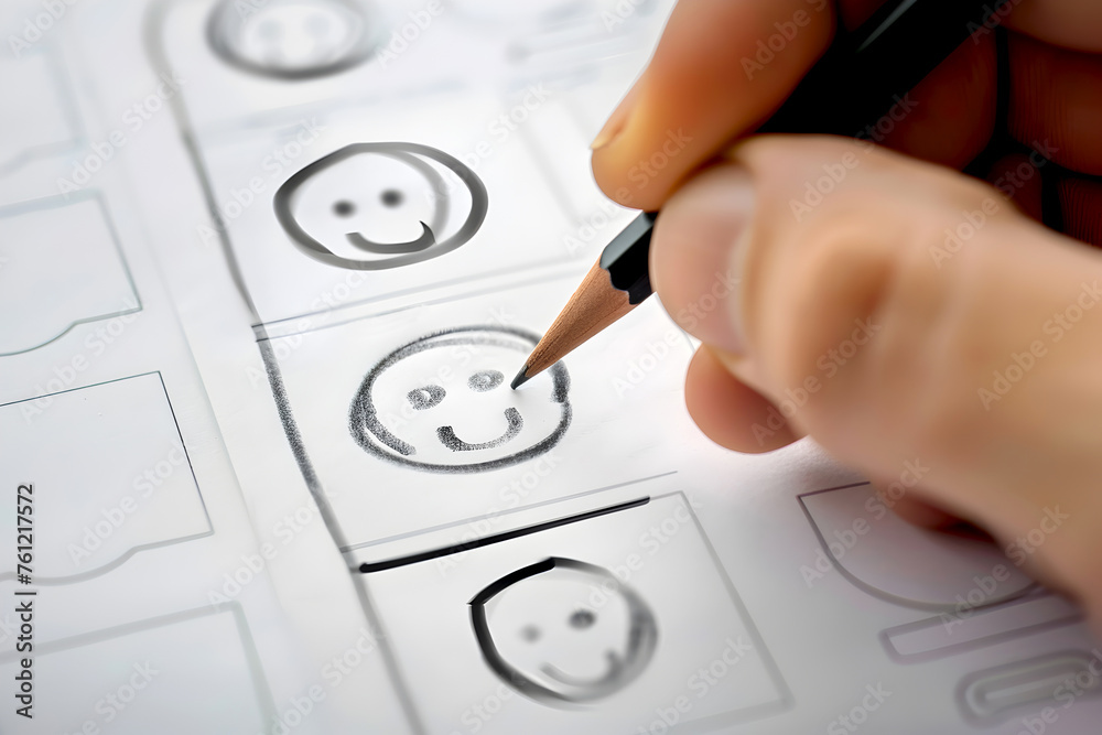 Hand drawing a happy face on a satisfaction survey. Customer ...