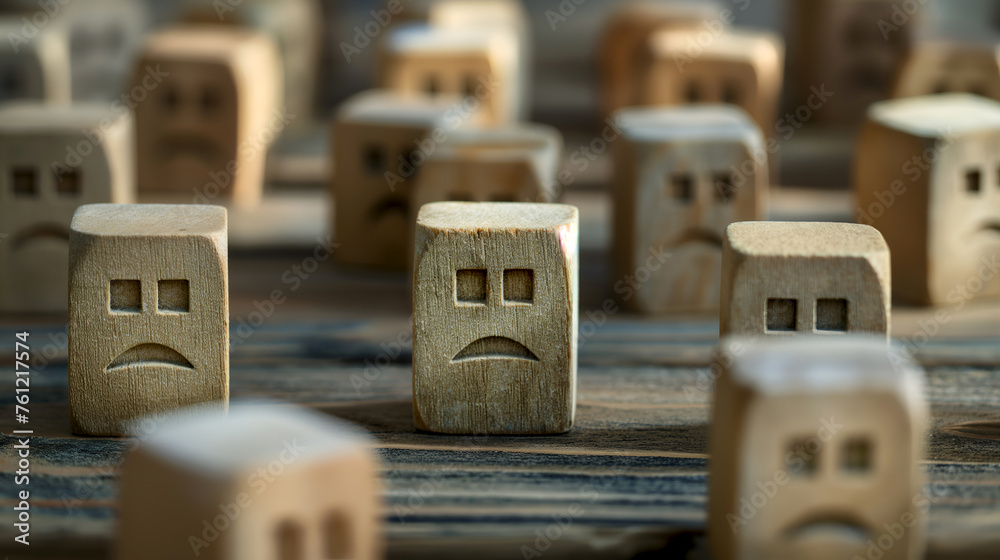 Wooden blocks with sad faces symbolizing negative emotions. Personality ...