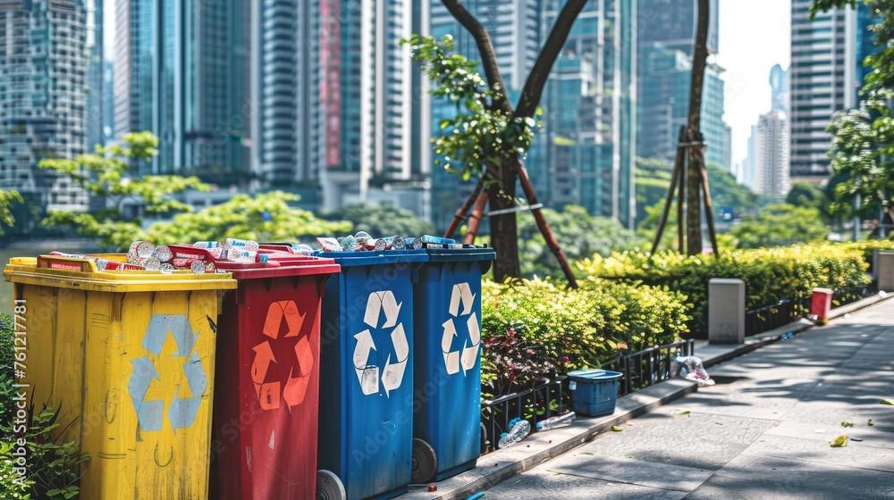Color-coded recycling bins line an urban sidewalk, promoting waste ...