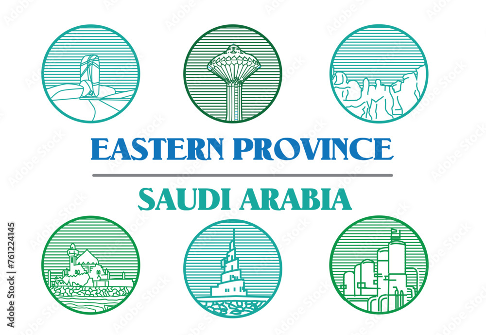 Eastern Province Saudi Arabia landmarks icons in linear clip art ...