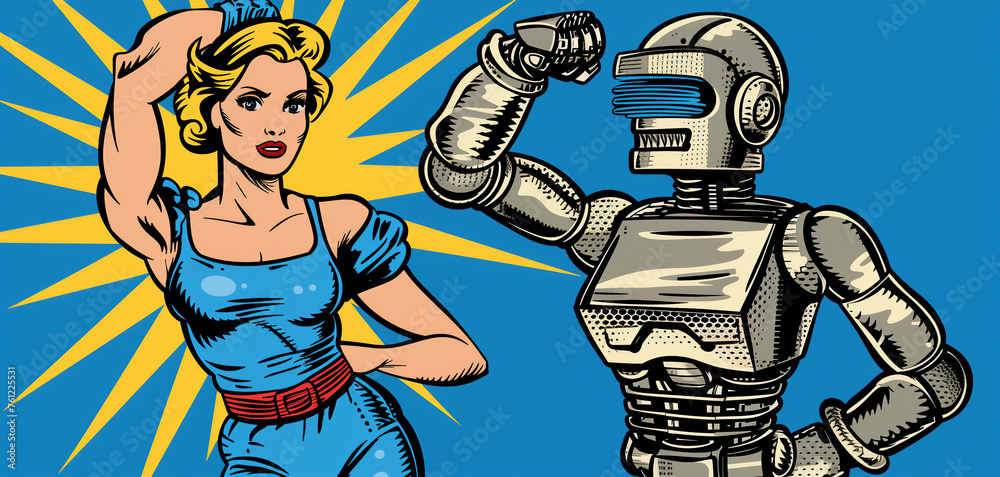 Strong retro woman arm-wrestling a vintage robot, strength and ...