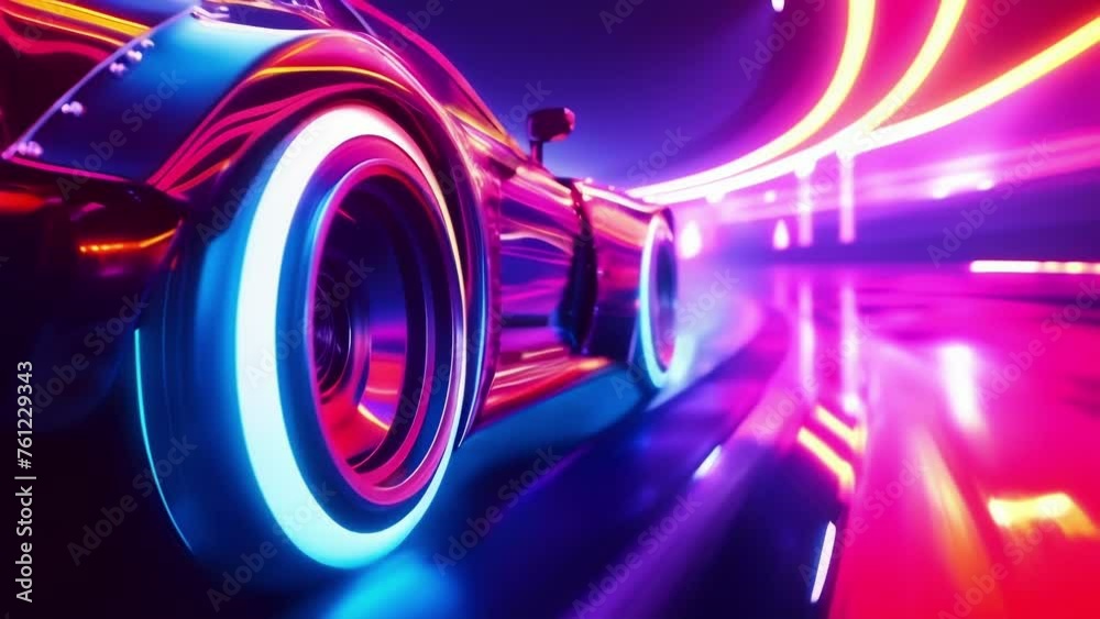 The camera zooms in on a cars wheel as it turns a sharp corner the neon ...