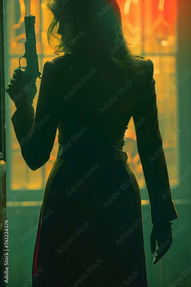 back of armed woman police detective with a weapon gun in hand on ...