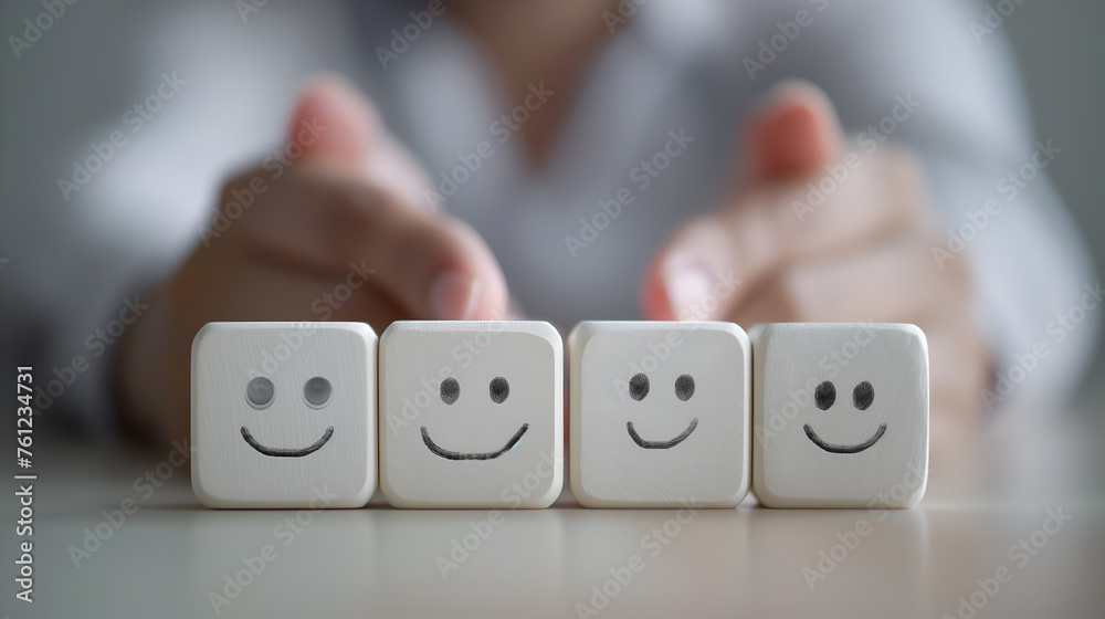 Hand arranging blocks with smiley faces, mood assessment concept ...