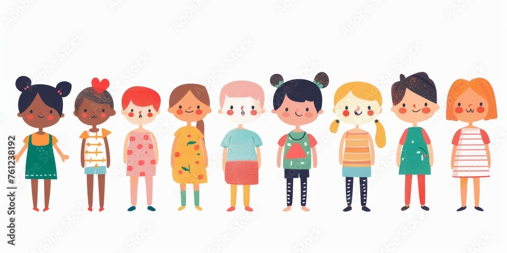 Variety of cartoon vector children in colorful outfits. A diverse group ...
