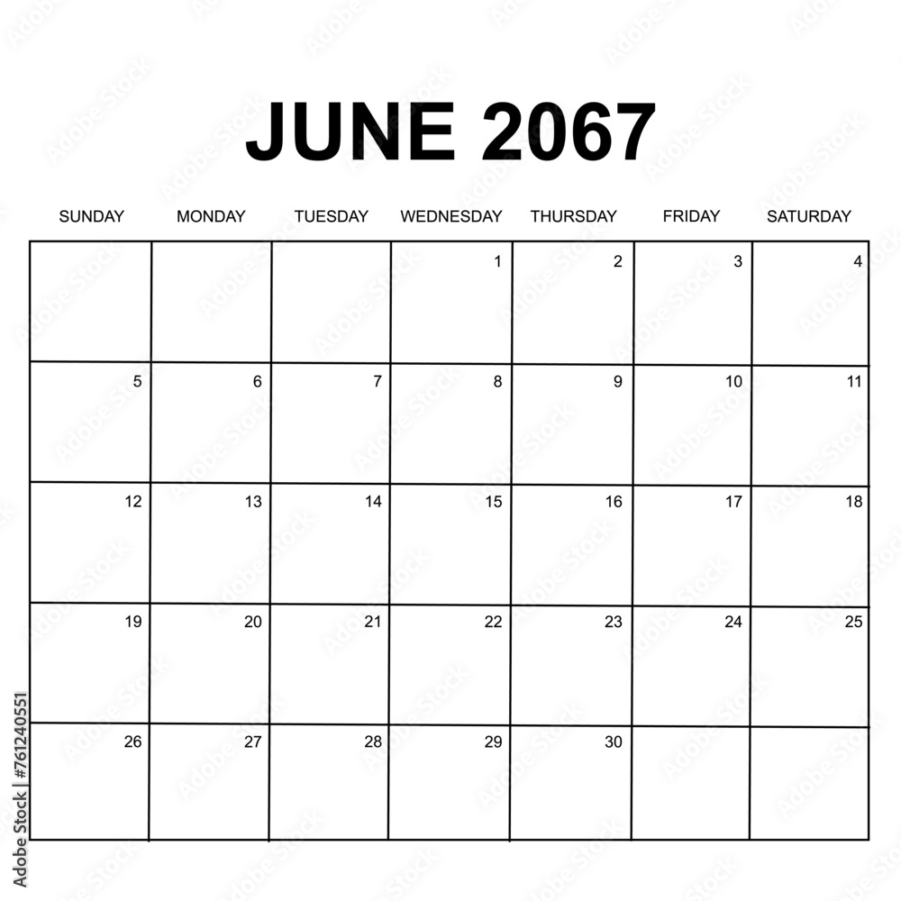 june 2067. monthly calendar design. week starts on sunday. printable ...